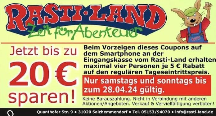 Rasti-Land Gutschein: Tagestickets 2024 mit 20 Euro Rabatt